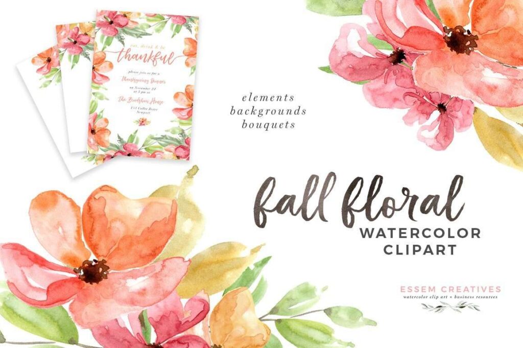 Autumn Fall Watercolor Floral Clipart, 5x7 Digital Papers
