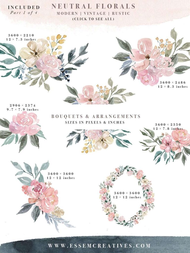 Neutral Watercolor Flowers Clipart, Floral Borders & Frames for Wedding