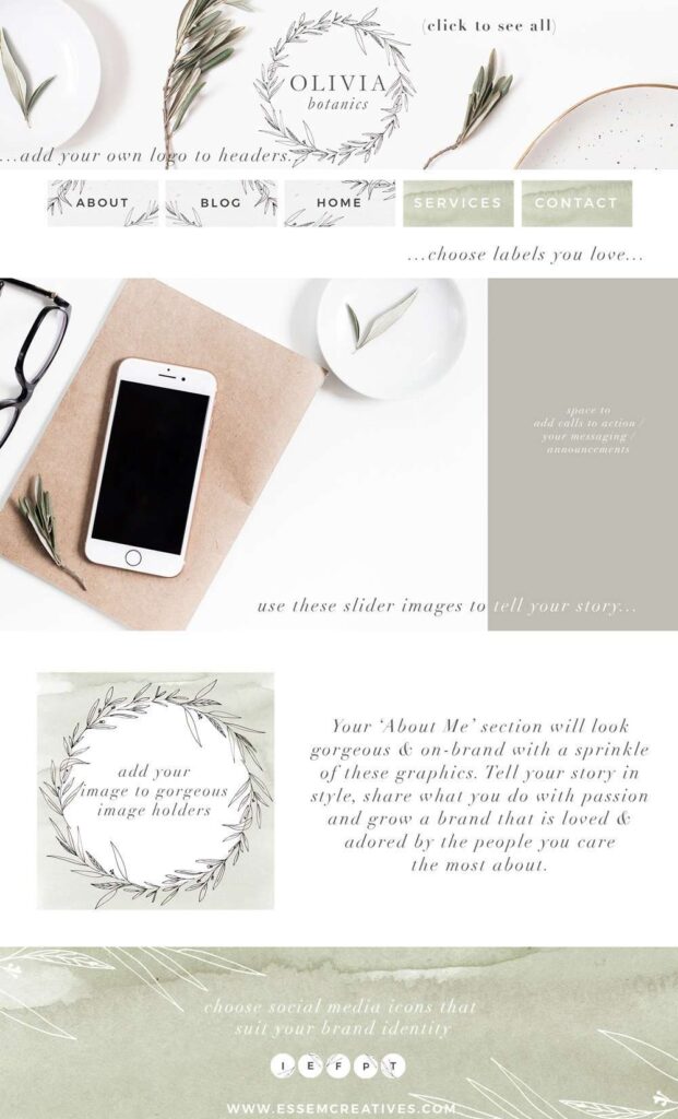 Website Branding Kit, Neutral Greenery Theme, Blogger Squarespace ...