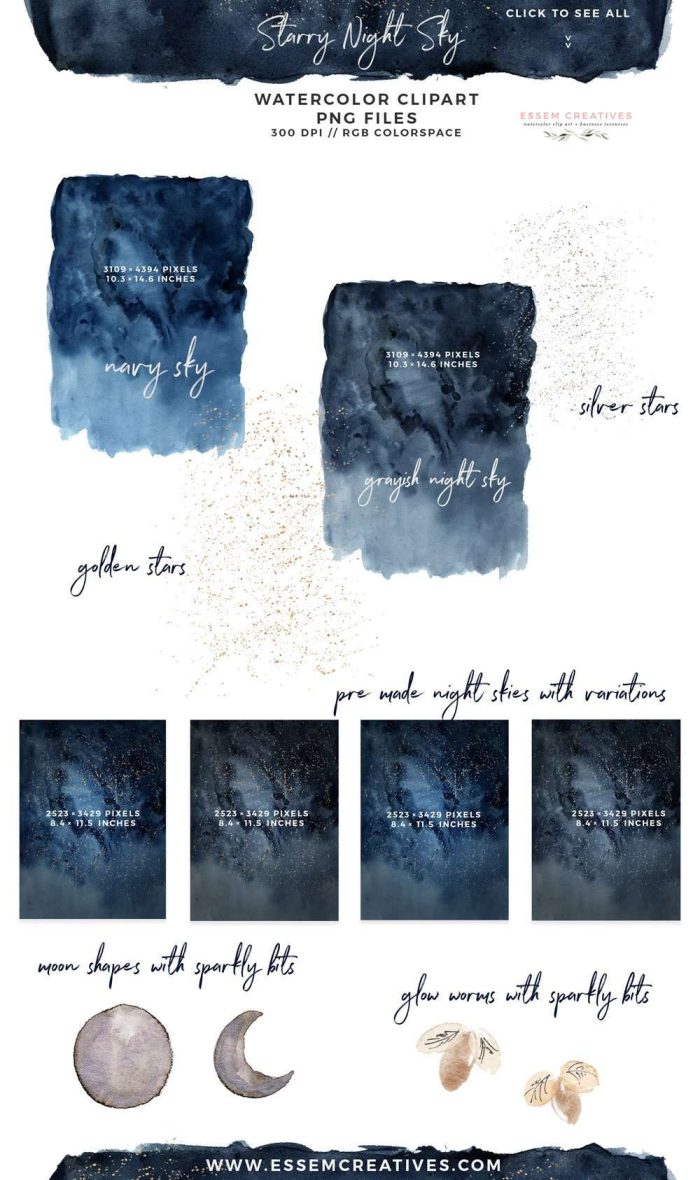 Celestial Starry Night Sky Watercolor Clipart