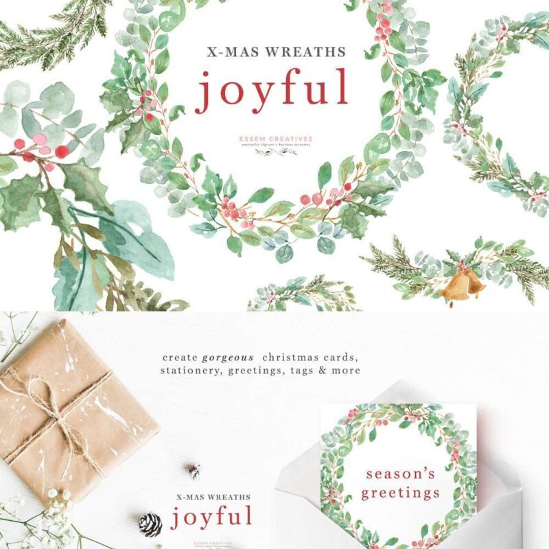 Watercolor Christmas Wreath Clipart for Holiday Cards | Essem Creatives