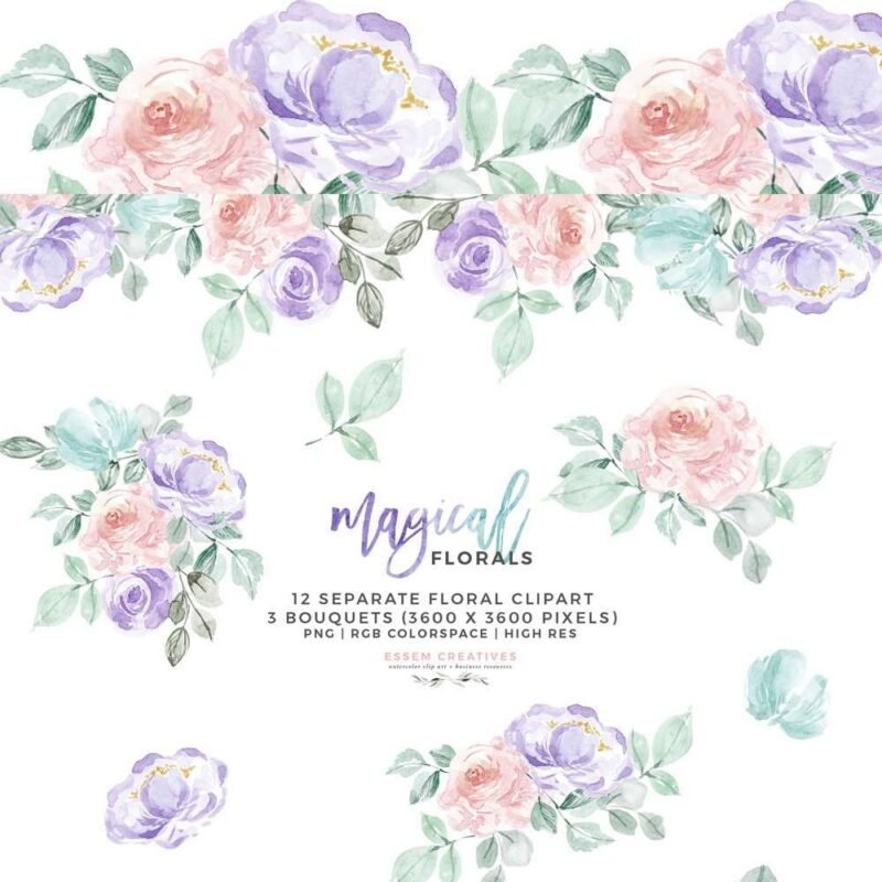 Watercolor Flowers Clipart PNG with transparent background, Purple Pink ...