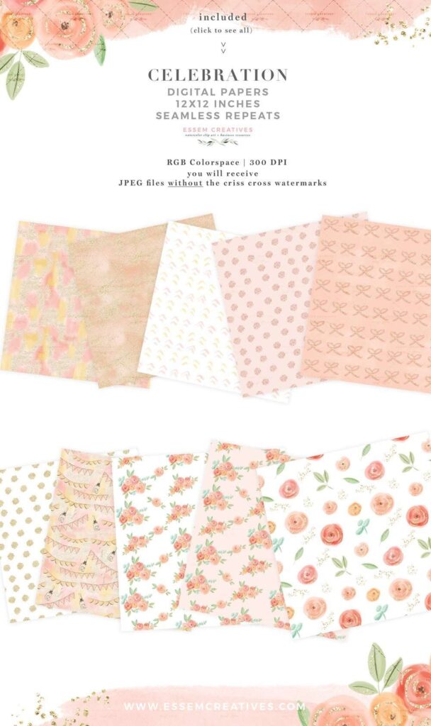 Celebration Party Valentines Day Digital Papers Pink Peach Floral ...