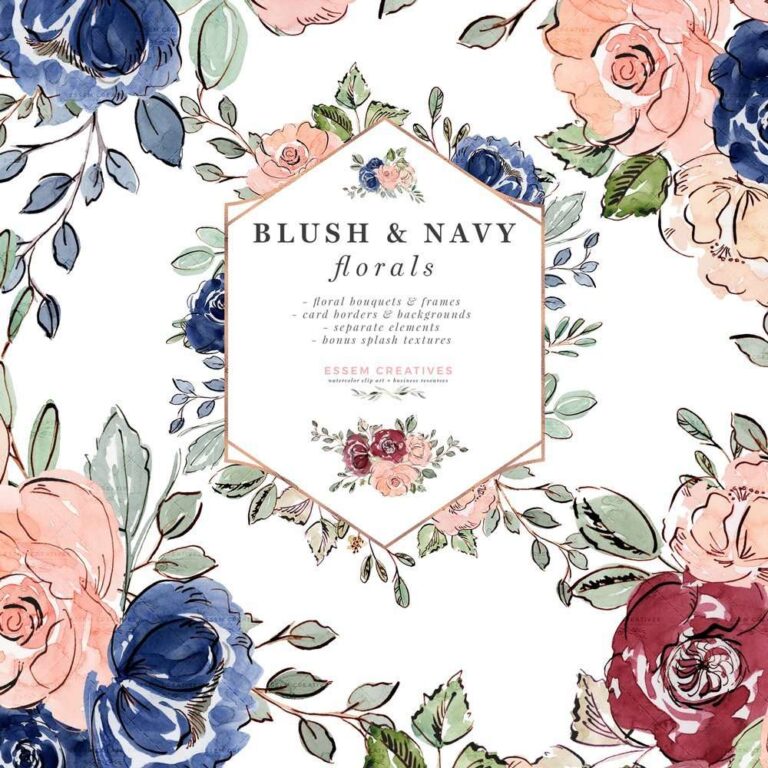Blush and Navy Blue Watercolor Flowers Clipart, Wedding Invitation ...