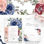 Blush and Navy Blue Watercolor Flowers Clipart, Wedding Invitation ...