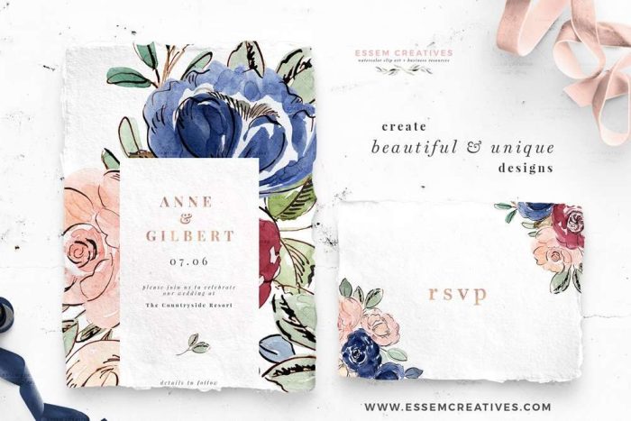 Blush and Navy Blue Watercolor Flowers Clipart, Wedding Invitation ...