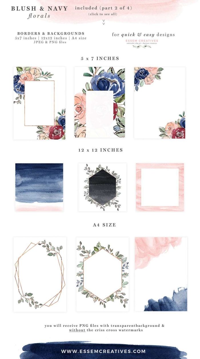 Blush and Navy Blue Watercolor Flowers Clipart, Wedding Invitation ...