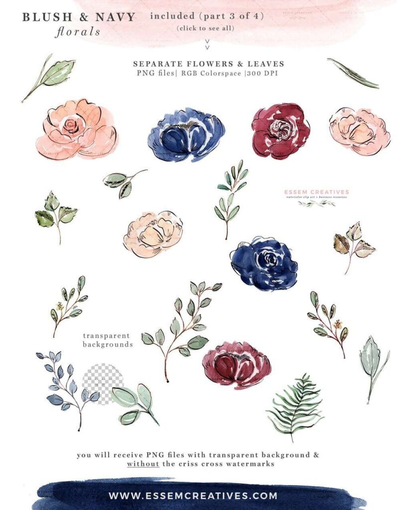 Blush and Navy Blue Watercolor Flowers Clipart, Wedding Invitation ...