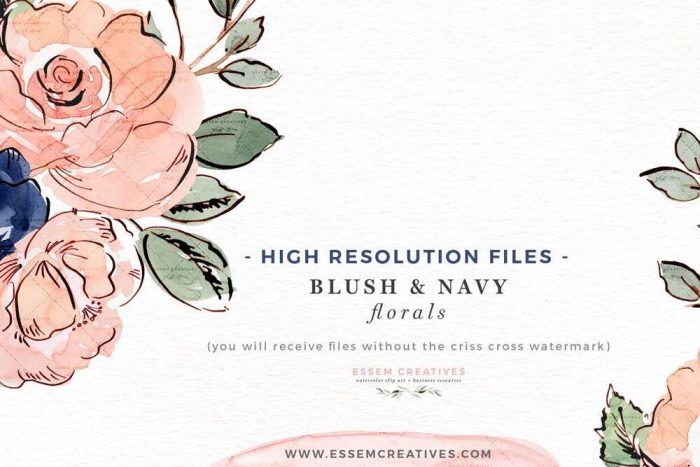 Blush and Navy Blue Watercolor Flowers Clipart, Wedding Invitation ...