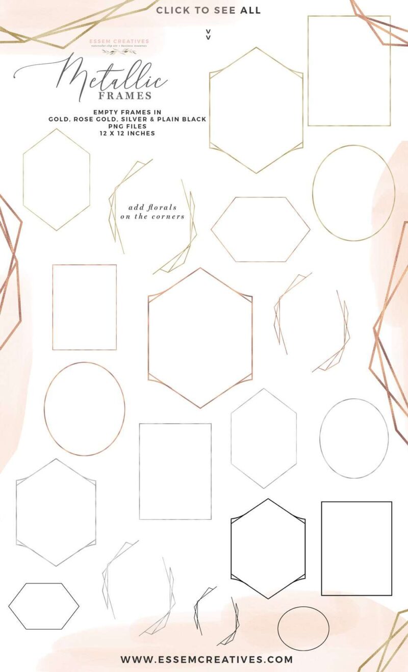Metallic Geometric Frames Clipart in Rose Gold Foil, Gold Silver and Black