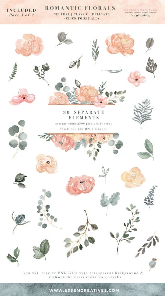 Watercolor Floral Clip Art, Peach Blush Pink Sage Dusty Green Romantic ...