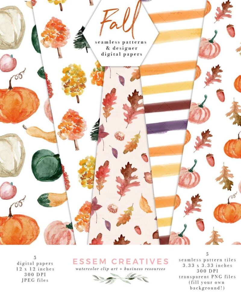 Watercolor Fall Digital Papers & Seamless Repeat Pattern Tiles with ...