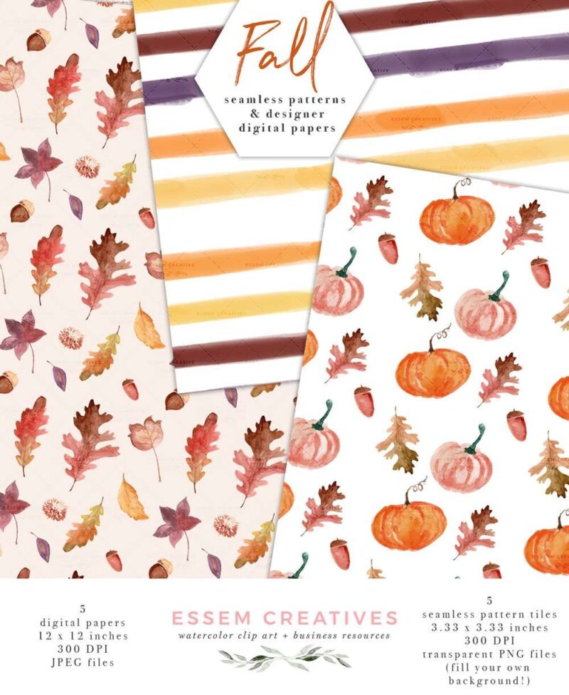 Watercolor Fall Digital Papers & Seamless Repeat Pattern Tiles with ...