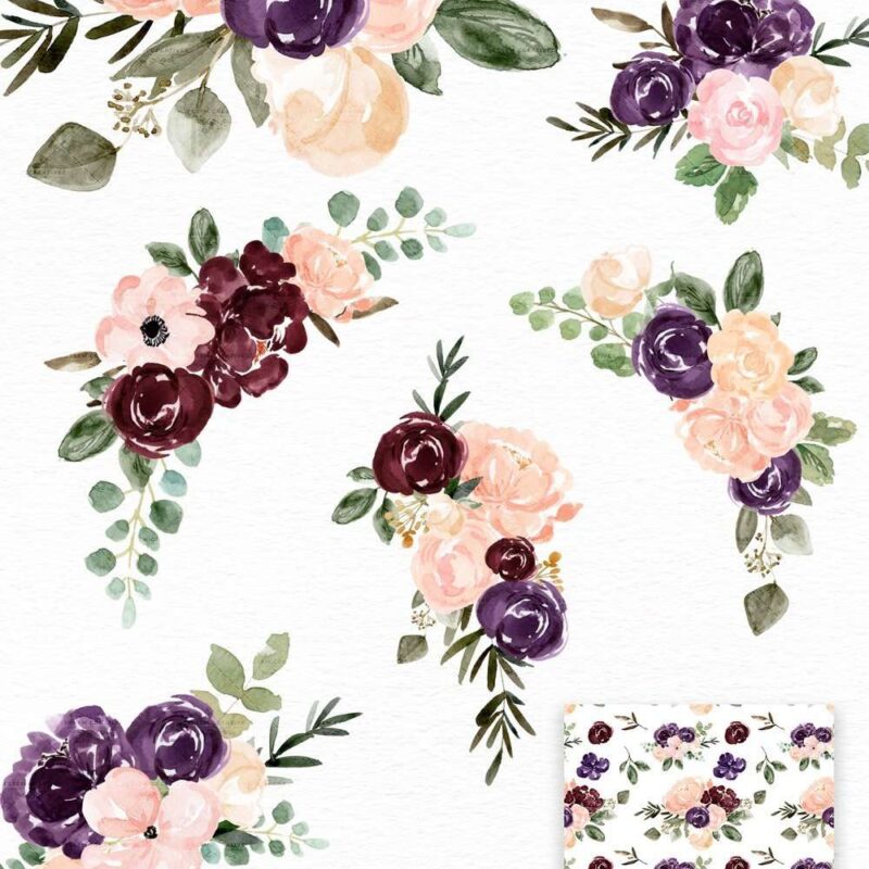 Burgundy Plum Floral Watercolor Clipart, Blush Burgundy Watercolor ...