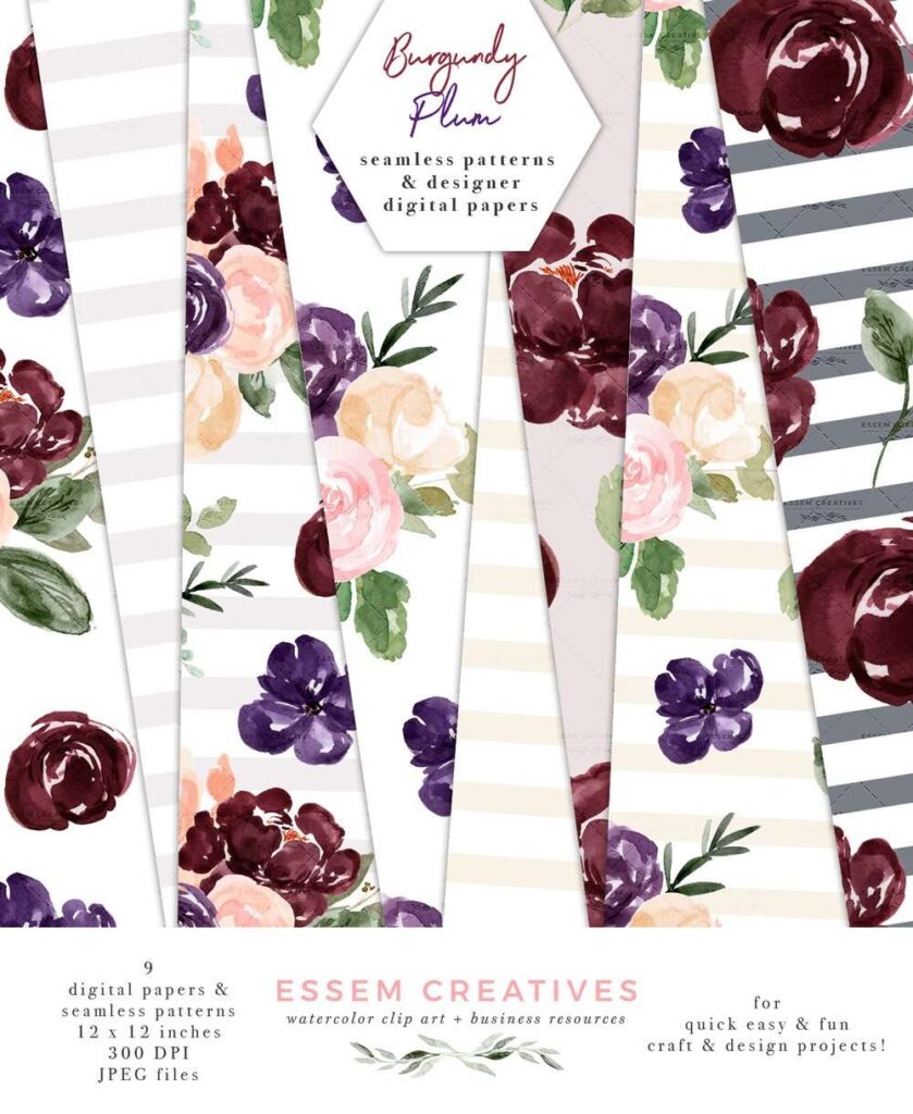 Floral Digital Paper, Burgundy Blush Watercolor Fall Scrapbooking Paper ...