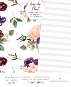 Floral Digital Paper, Burgundy Blush Watercolor Fall Scrapbooking Paper ...