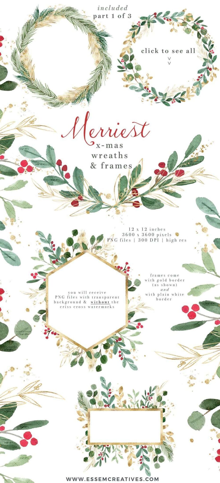 Watercolor Christmas Clipart, Wreath Clip Art, Holiday Photo Card ...