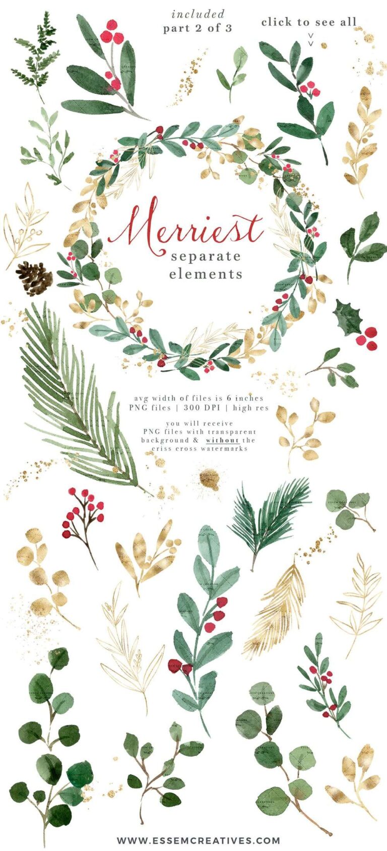 Watercolor Christmas Clipart, Wreath Clip Art, Holiday Photo Card ...