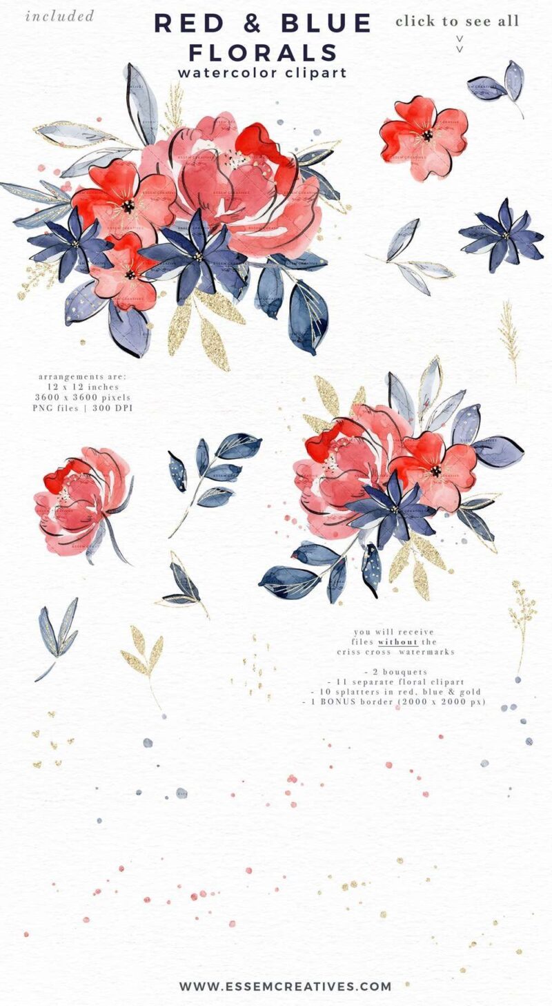4th of July Watercolor Flowers Clipart PNG Background, Red Blue Gold ...