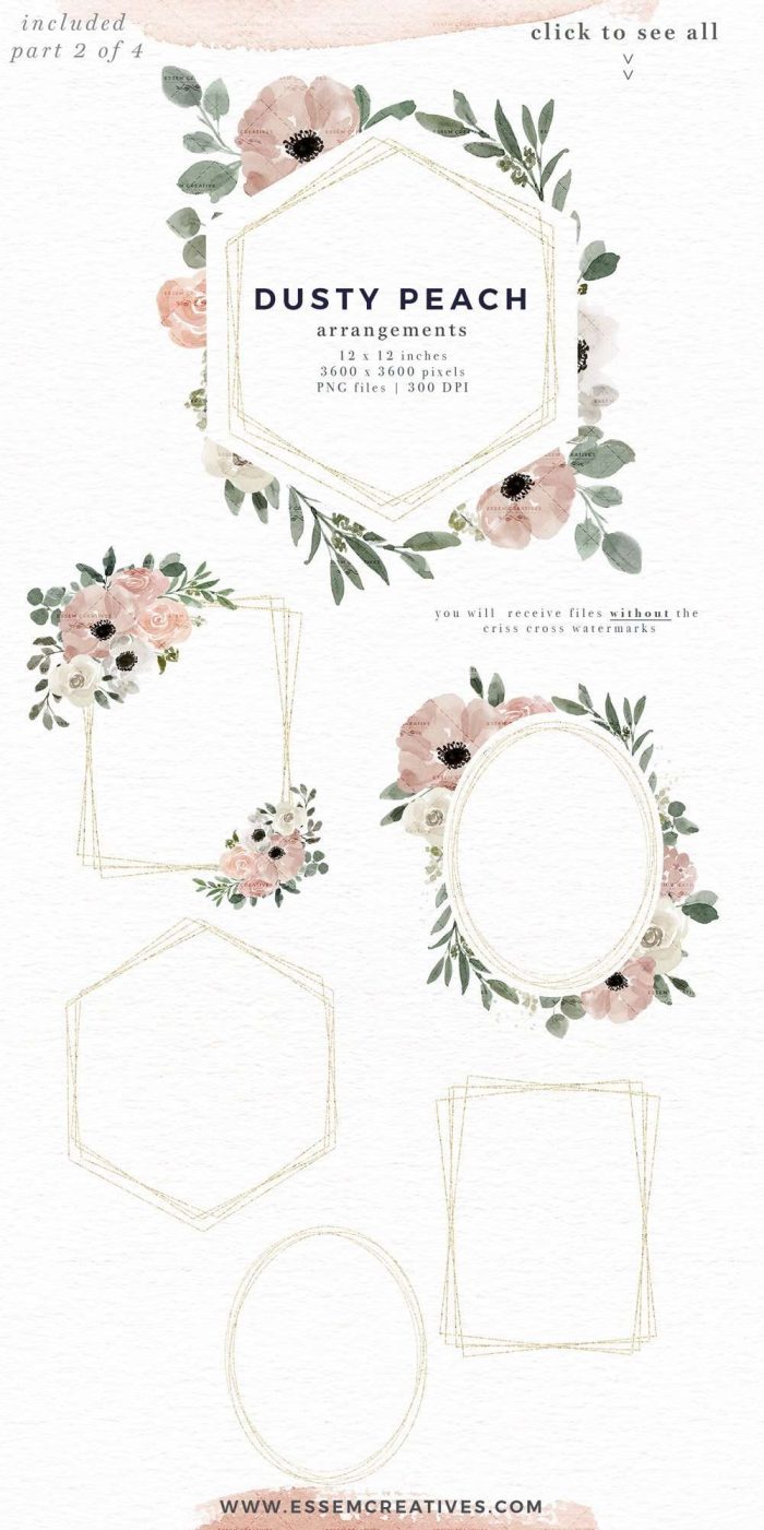Dusty Peach Watercolor Flowers Clipart Background Border Wreath Bouquet ...