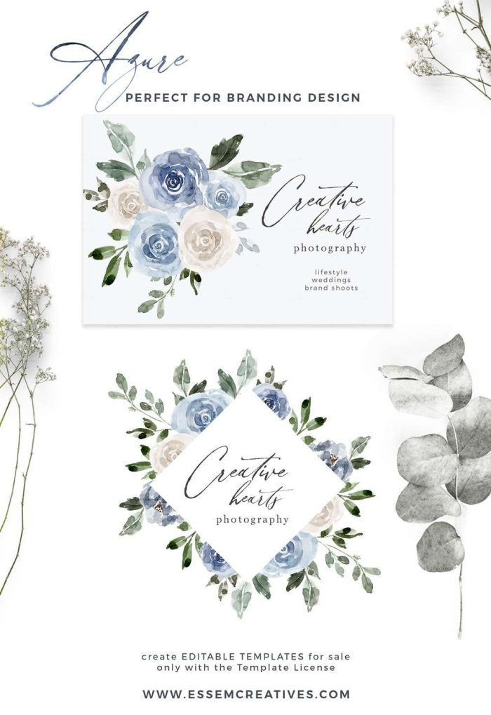 Azure Blue Watercolor Flowers Clipart, Pale Dusty Blue Graphics ...