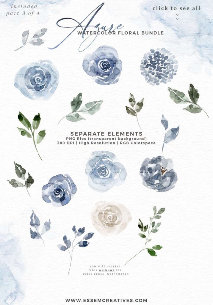 Azure Blue Watercolor Flowers Clipart, Pale Dusty Blue Graphics ...