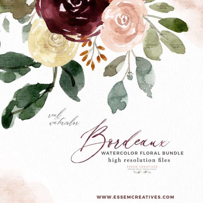 Bordeaux Burgundy Watercolor Flowers Clipart, Fall Floral Graphics ...