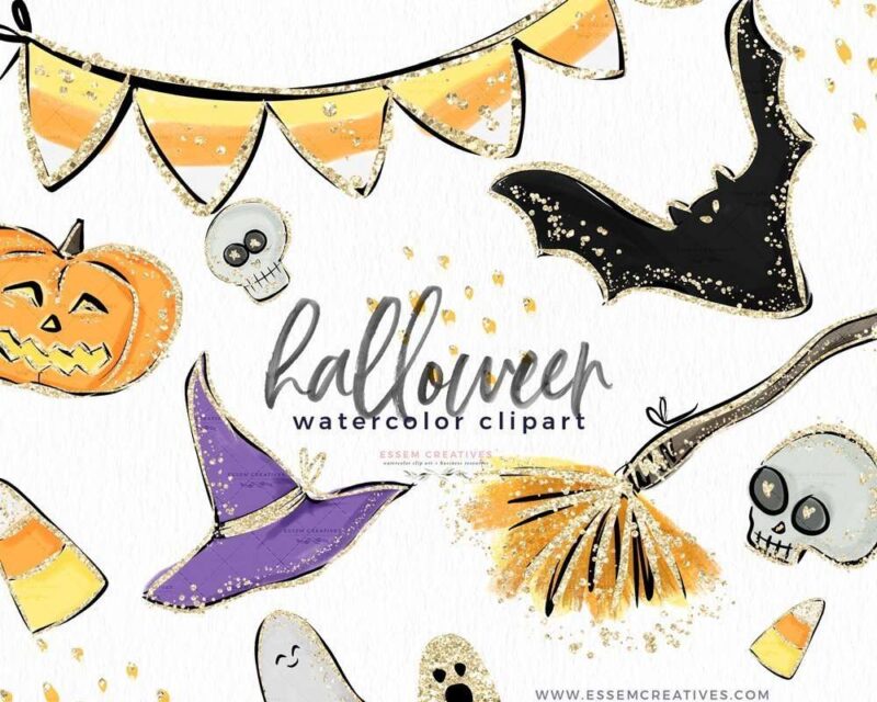 Watercolor Halloween Clip Art Graphics Illustrations, Candy Corn Broom ...