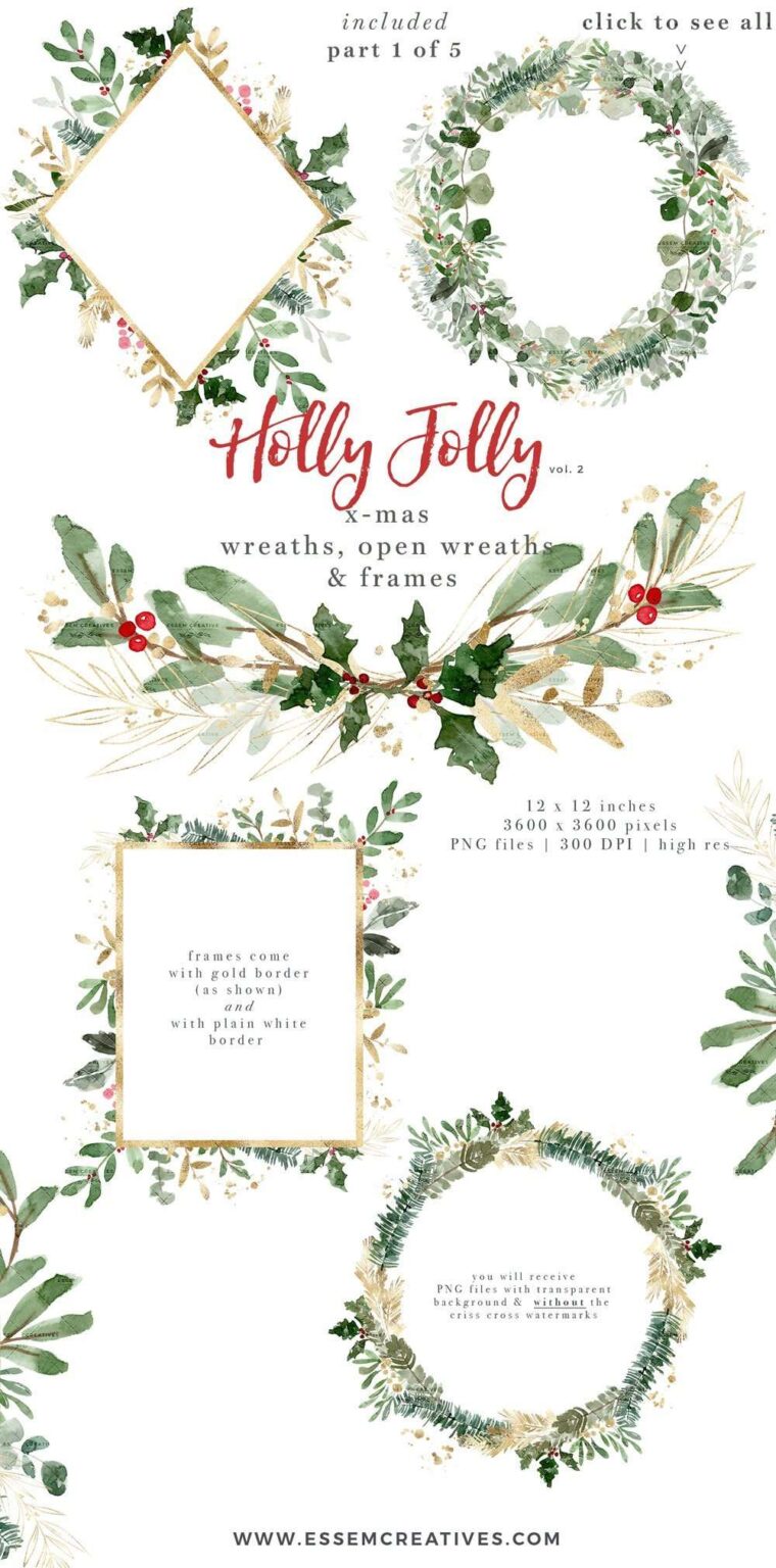 Holly Jolly Watercolor Christmas Clipart, Christmas Wreath Clip Art ...