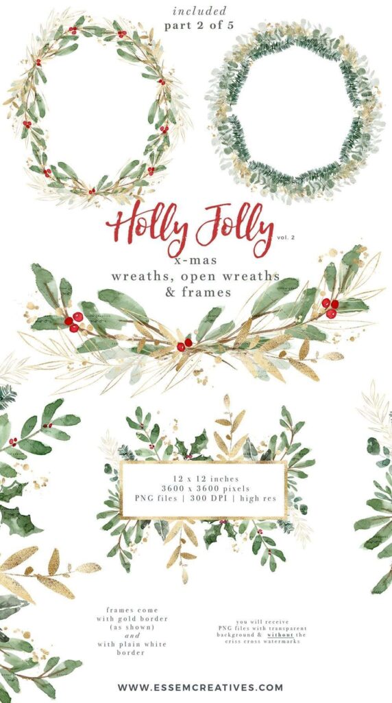 Holly Jolly Watercolor Christmas Clipart, Christmas Wreath Clip Art ...