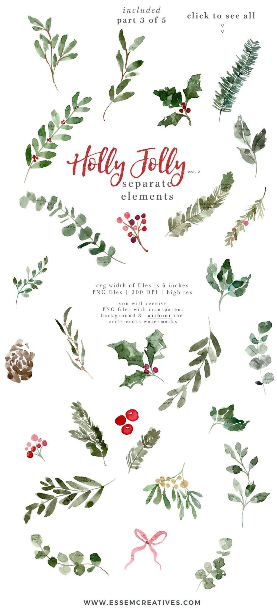 Holly Jolly Watercolor Christmas Clipart, Christmas Wreath Clip Art ...