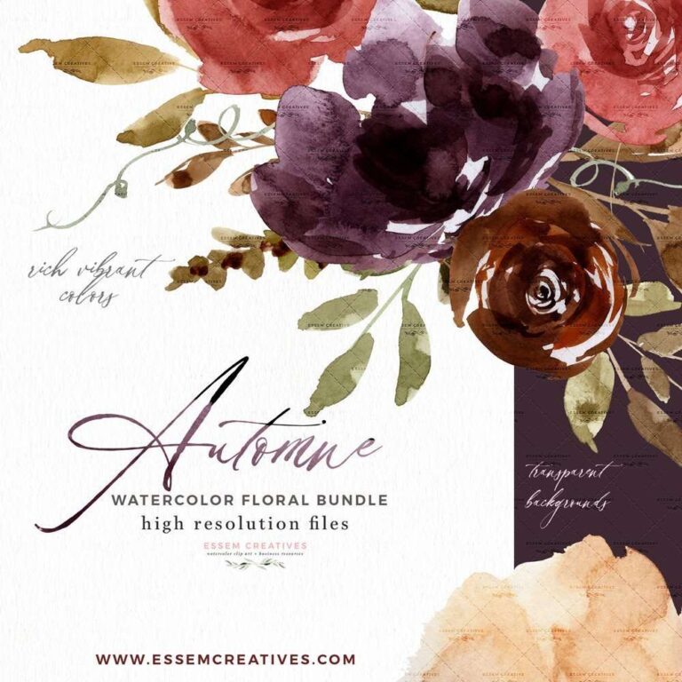 Automne Purple Fall Floral Clipart, Wine Watercolor Flowers Clip Art ...