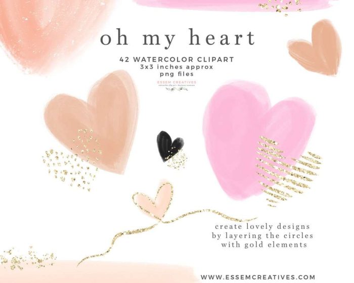 Pink Hearts Clipart, Watercolor Valentines Day Love Romantic Clip art ...