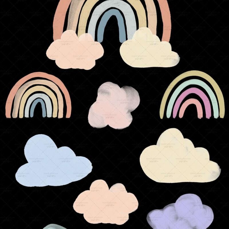 Boho rainbow and clouds clip art in bright pastel colors painted in ...