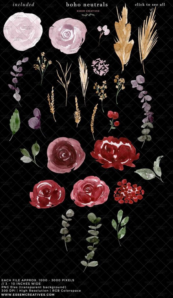 Boho Floral Neutral Watercolor Clipart Graphics Illustrations Card ...