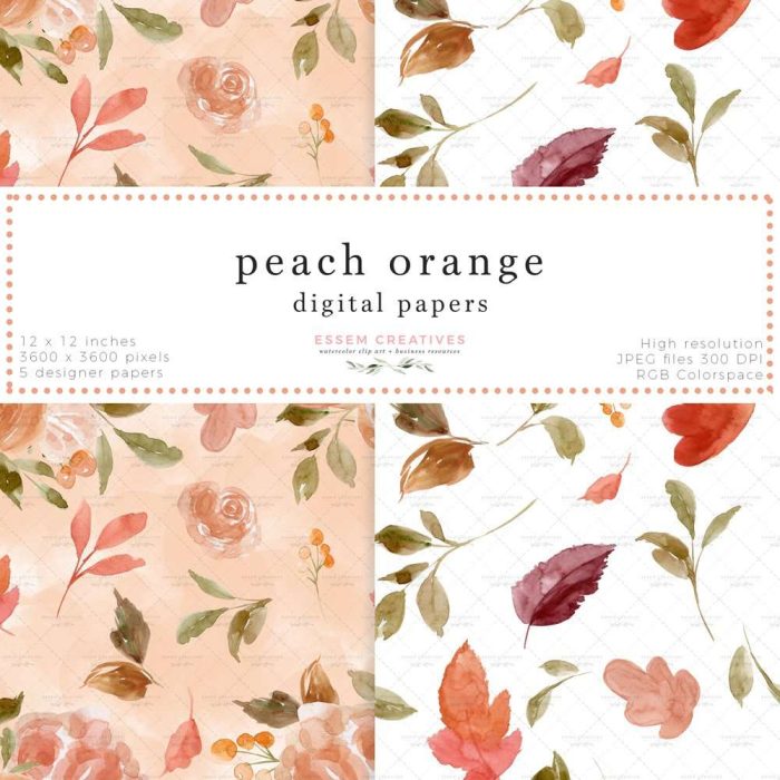 Peach Orange Fall Floral Digital Papers for Scrapbook Album Design ...