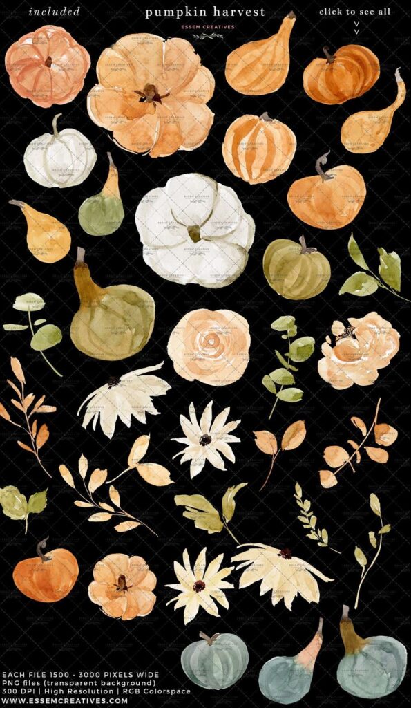 Pumpkin Harvest Floral Clipart, Watercolor Fall Thanksgiving Border ...