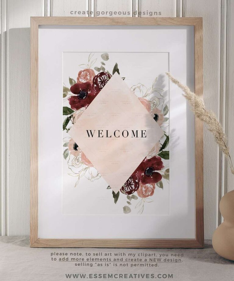 Burgundy Blush Floral Clipart, Watercolor Fall Flower Wreath Border ...