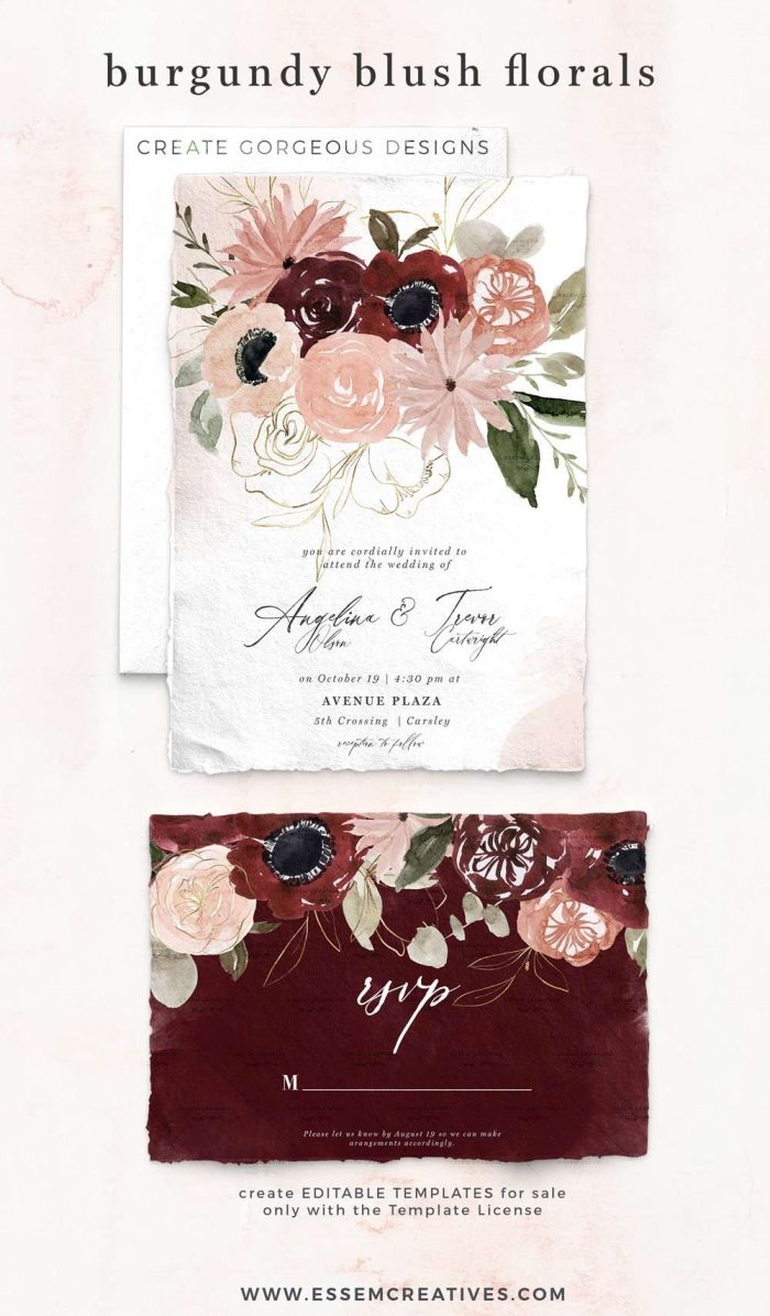 Burgundy Blush Floral Clipart, Watercolor Fall Flower Wreath Border ...