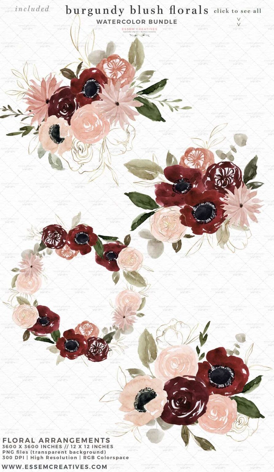 Burgundy Blush Floral Clipart, Watercolor Fall Flower Wreath Border ...