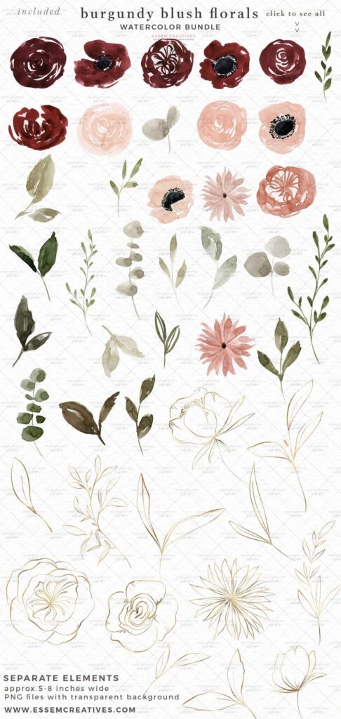 Burgundy Blush Floral Clipart, Watercolor Fall Flower Wreath Border ...