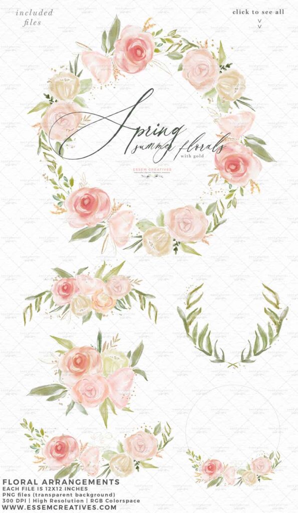 Pink Watercolor Floral Wreath Clipart Boho Blush Cream Peach Gold ...