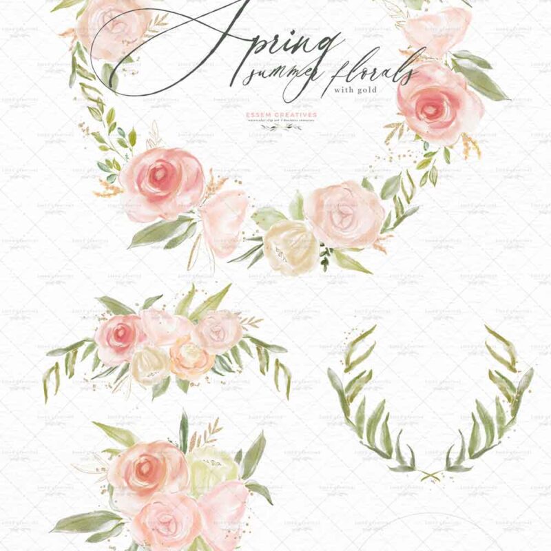 Pink Watercolor Floral Wreath Clipart Boho Blush Cream Peach Gold ...