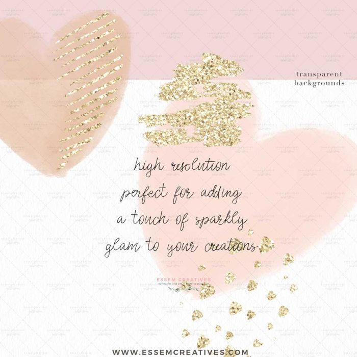 Pink and Gold Hearts Clipart, Valentines Graphics with Gold Glitter ...