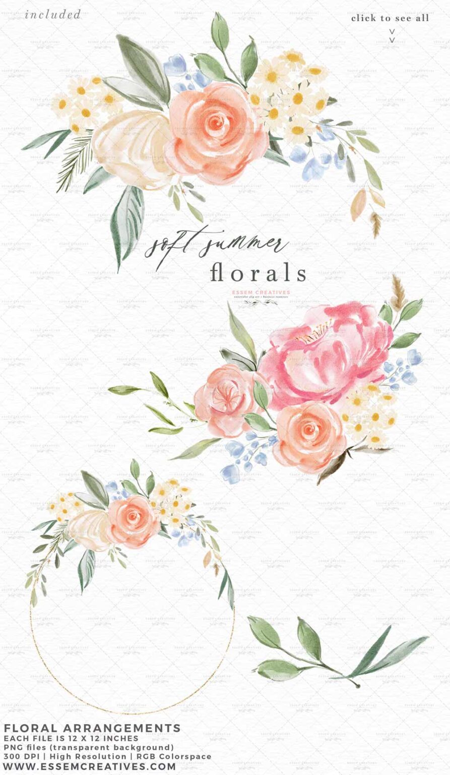 Watercolor Flowers Background, Peach Pink Blue Floral Clipart Wreath ...