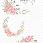 Watercolor Flowers Background, Peach Pink Blue Floral Clipart Wreath ...