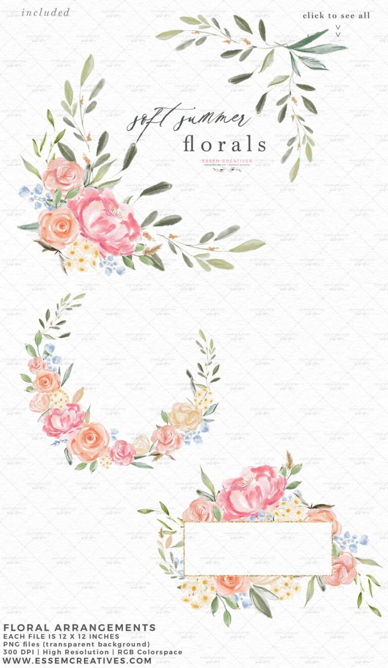 Watercolor Flowers Background, Peach Pink Blue Floral Clipart Wreath ...