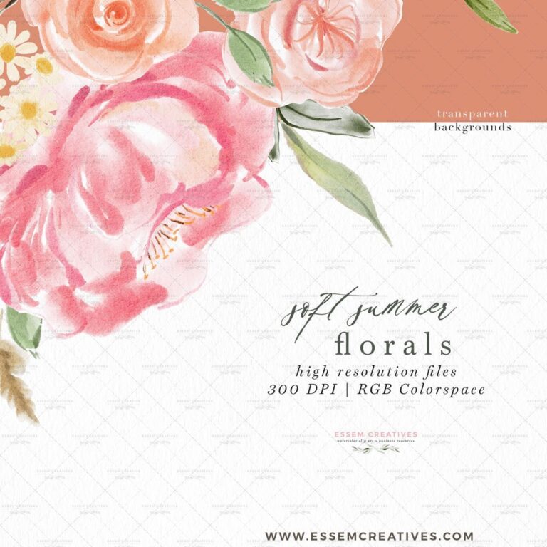Watercolor Flowers Background, Peach Pink Blue Floral Clipart Wreath ...