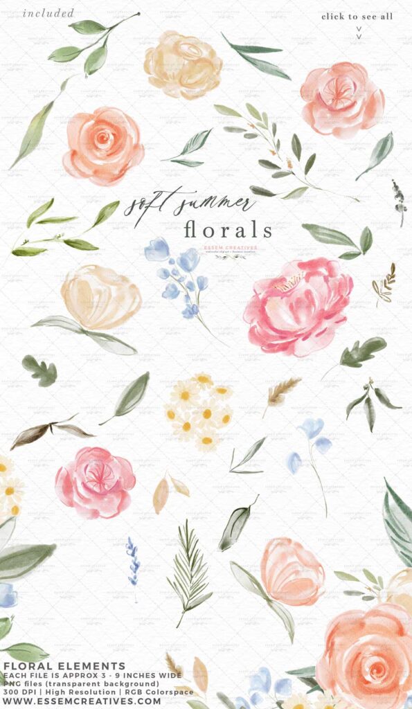 Watercolor Flowers Background, Peach Pink Blue Floral Clipart Wreath ...