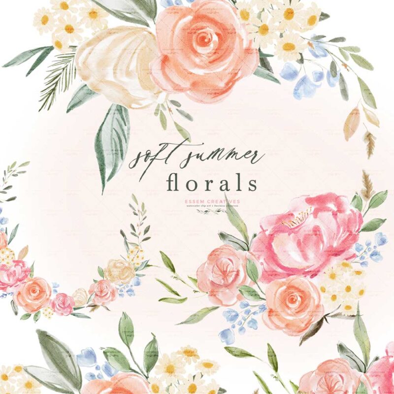 Watercolor Flowers Background, Peach Pink Blue Floral Clipart Wreath ...